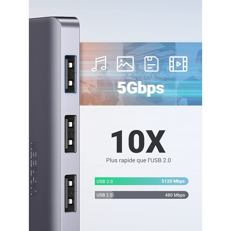 UGREEN - Hub USB 3.0 en Aluminium Multi USB 4 Ports Extension